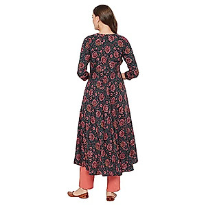 Tissu Women's Rayon Green & Pink Floral Printed A-Line Kurta 2201_Green_L