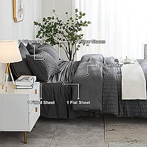 AveLom Dark Grey Comforter Queen Size Set with Sheets - 7 Pieces Bed in a Bag Seersucker Complete Bedding Set, All Season Lightweight Bed Set with Comforter, Sheets, Pillowcases & Shams