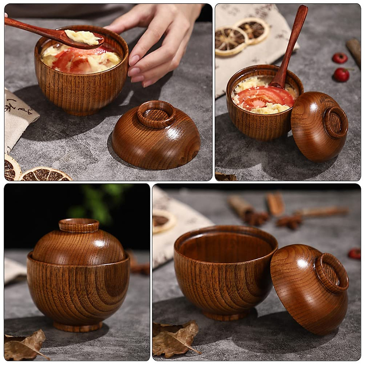 CALLARON Wood Bowl with Lid Traditional Japanese Style Noodle Rice Miso Soup Bowls Food Serving Bowl Soup Bowl Salad Bowl Rice Bowl