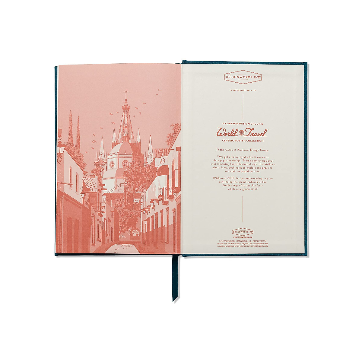 DesignWorks Ink Suede Cloth Hardcover Journal Notebook with 240 Lined Pages and Satin Ribbon Marker for Work, Writing - Anderson Design World Travel San Miguel De Allende Mexico Blue Gold (JB86-2026AD)