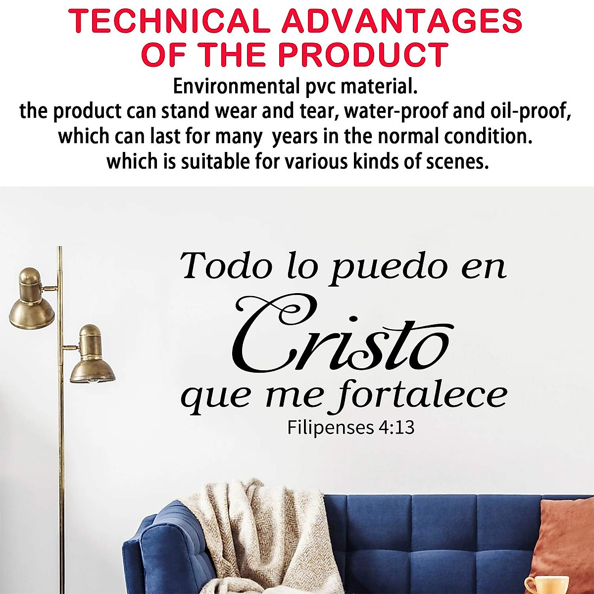 AnFigure Vinilos Decorativos para Pared, Frases para Decorar Pared En Español, Dios Biblicos Calcomanias Quotes Home Art Decor Vinyl Stickers Spanish Todo Lo Puedo En Cristo Que Me Fortalece 21"x12"