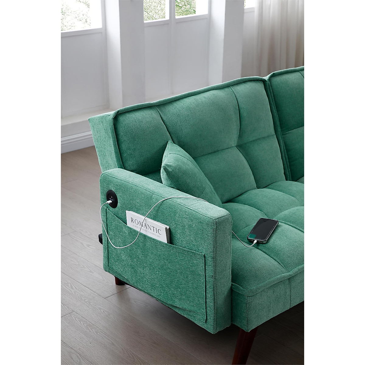 mr.waiba 75" Sofa Bed Adjustable Sleeper Sofa, Small Sofa with USB Charging Port for Living Rooms/Small and Medium-Sized Spaces, Chenille Fabric, Lazy Lounge Sofa Apartment Sofa Bed(Green)