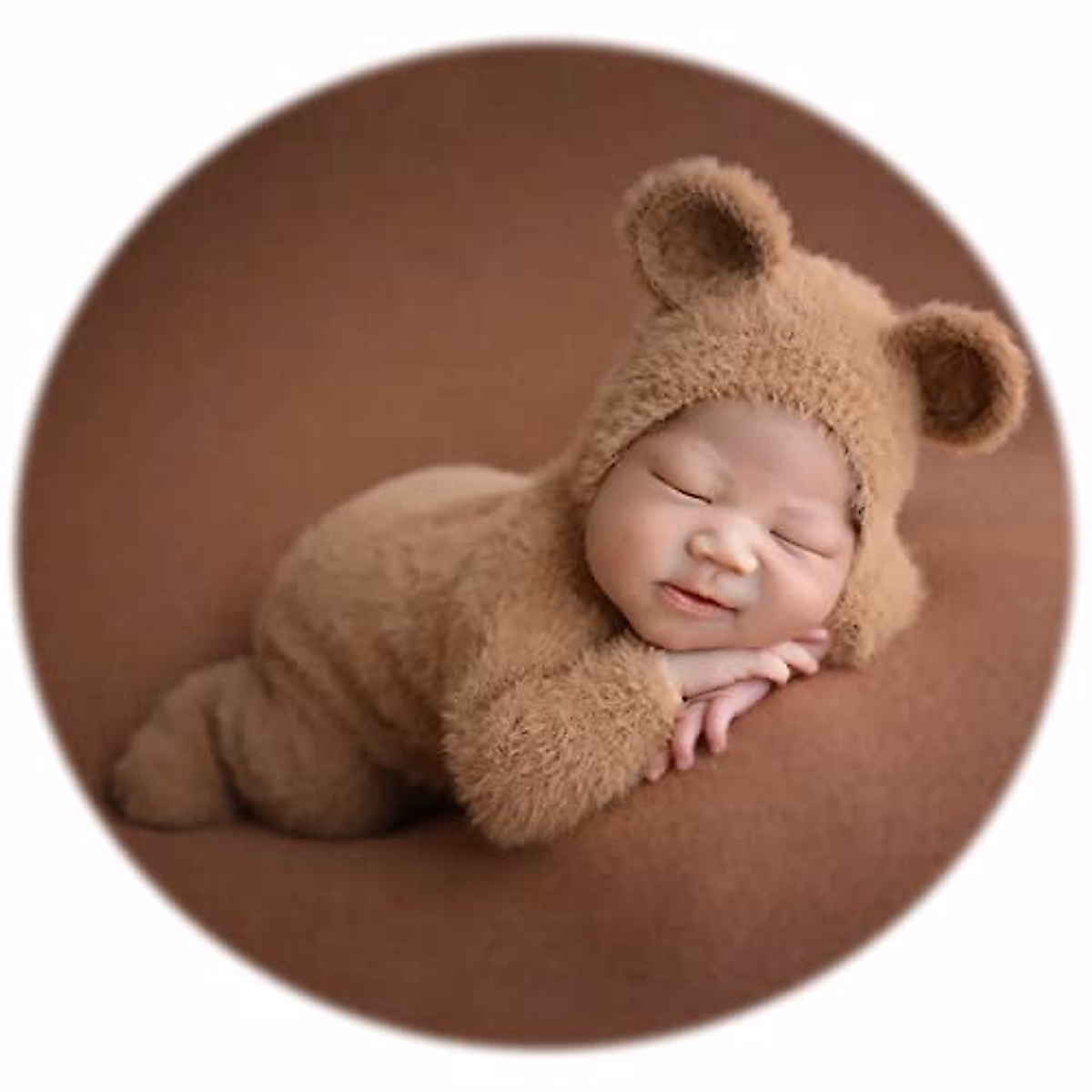 Newborn Photography Props Boy Outfits Bear Baby Girl Photo Props Outfits Hat Footed Romper Sleeved Stretch Set for Photoshoot (Brown)