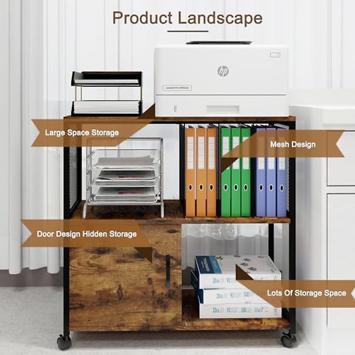 PUNCIA Mobile Wood Lateral File Archive Folder Cabinets with 3 Compartments Rack for Binder Storage Rolling Filing Printer Cabinet with Wheels and Open Storage Shelves for Home Office