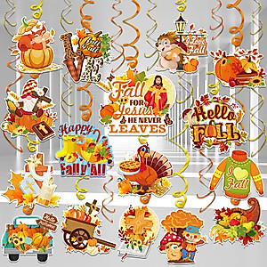 HOWAF Hello Fall Thanksgiving Pumpkin Hanging Swirls,30 Pack No DIY Fall for Jesus Autumn Harvest Foil Ceiling Swirl for Thanksgiving Fall Party Supplies, Fall Hanging Streamer