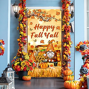Fall Decorations - Happy Fall Y'all Door Cover Fall Thanksgiving Door Banner Thanksgiving Dwarf Pumpkin Banner Photo Background for Happy Fall Y'all Harvest Party Supplies,Autumn Decorations