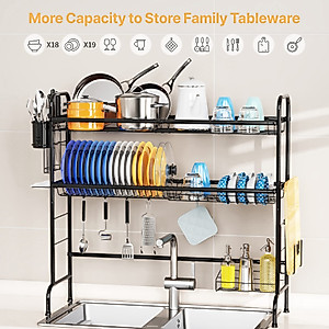 iSPECLE Over The Sink Dish Drying Rack Stainless Steel 2 Tier Dish Rack Large Above Sink Drying Rack Kitchen Sink Shelf, Black