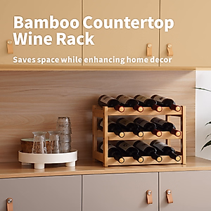 VASMIA Bamboo Wine Rack, Sturdy and Durable Wine Storage Cabinet Shelf, Wine Racks Countertop for Pantry,Kitchen,3-Tier 12 Bottles Wine Rack Natural