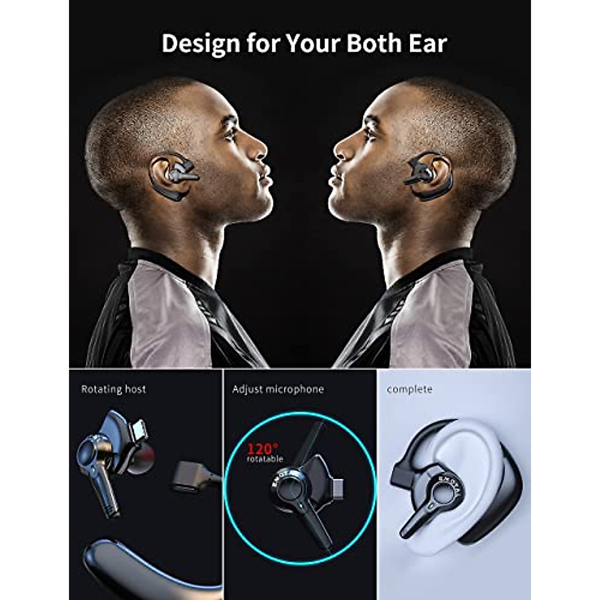 emotal Dual-Mic AI Noise Cancelling Bluetooth Headset for Cell Phones, 10 Days Standby 30Hrs HD Talktime Bluetooth Earpiece IPX6 Waterproof Ultralight for Driving/Truckers/Business,Black