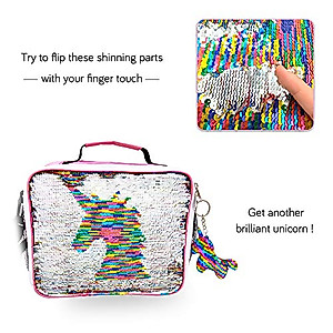 JYPS Insulated Unicorn Lunch Box for Kids, Flip Sequin Girls Tote Lunch Bags with Shoulder Strap, Handheld Reusable Lunch Box Bags Christmas Gifts for Girls at School