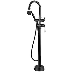 Freestanding Tub Faucet, Floor Mount Tub Faucet Matte Black High Flow Tub Filler, Roman Tub Faucet with Antique Handheld, Swivel Gooseneck Spout Shower Mixer Taps (B2311-BK)