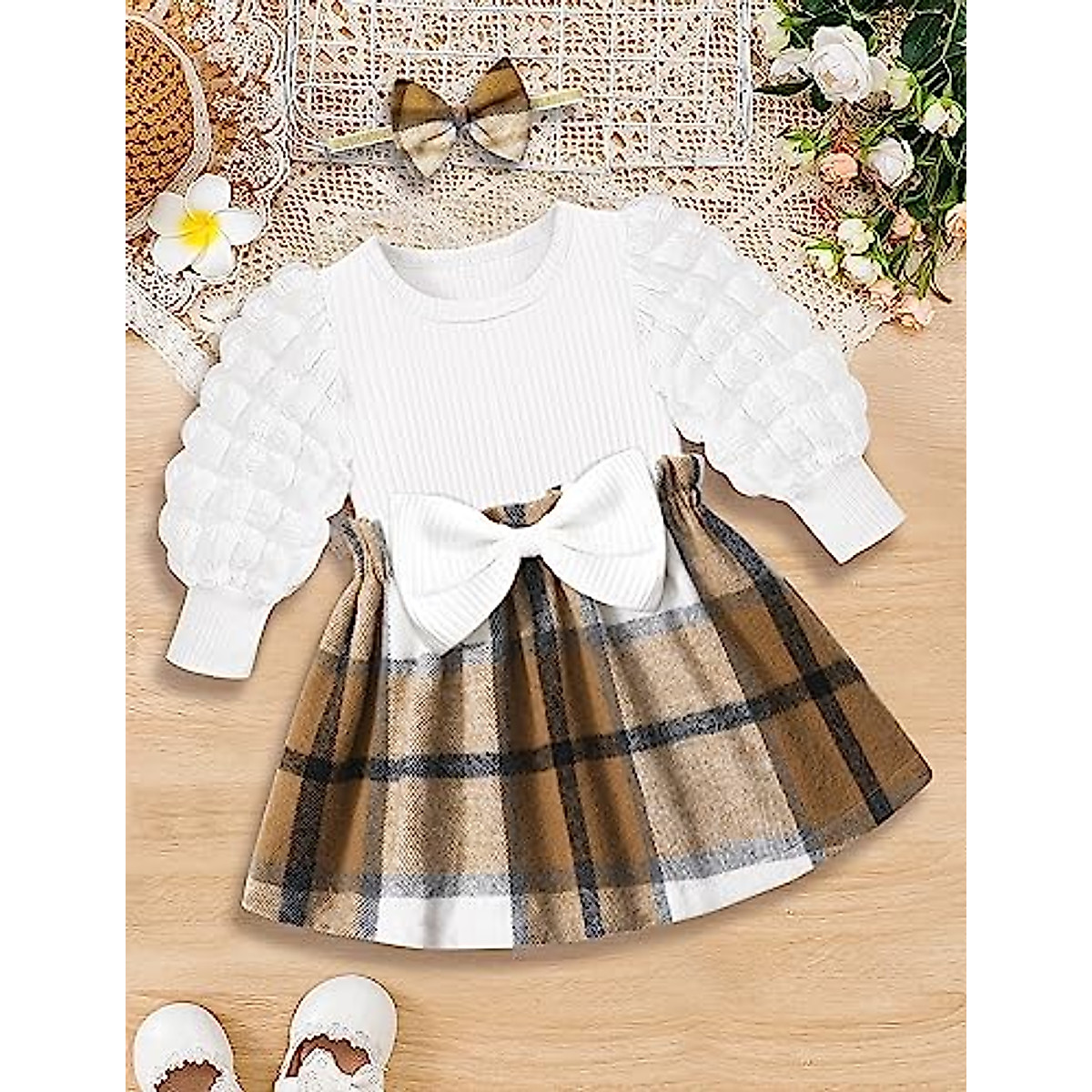 Qaoerde Baby Girl Dresses 12-18 Months Baby Girl Dress Puff Sleeve Brown Plaid Dress Baby Girls' Dresses Baby Dresses 12-18 Months Baby Girl Fall Dress Baby Girl Winter Dress Thanksgiving Outfit