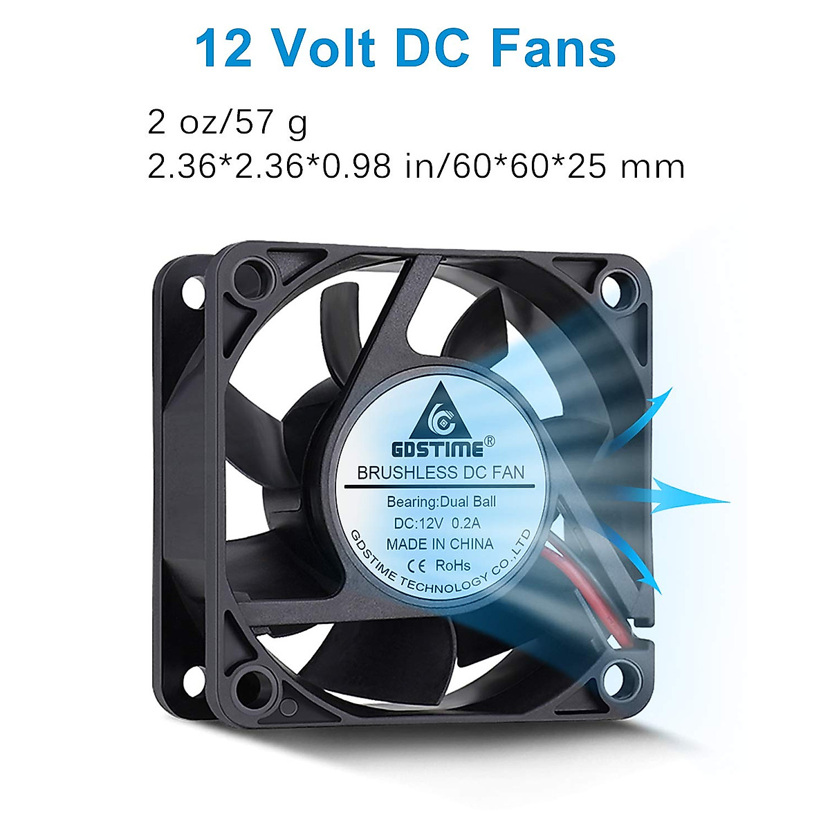 GDSTIME 60mm Fan, 60mm x 60mm x 25mm Dual Ball Bearings 12V DC Brushless Cooling Fan