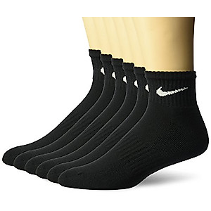 NIKE Unisex Performance Cushion Quarter Socks with Band (6 Pairs), Black/White, Large