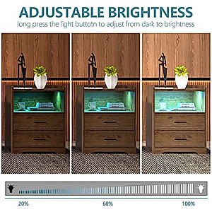 dnbss Brown Nightstand with Charging Station, Smart Bedside Table with 24-Color RGB LED Lights, Charging Nightstand for Bedroom, Modern End Side Table for Living Room Office