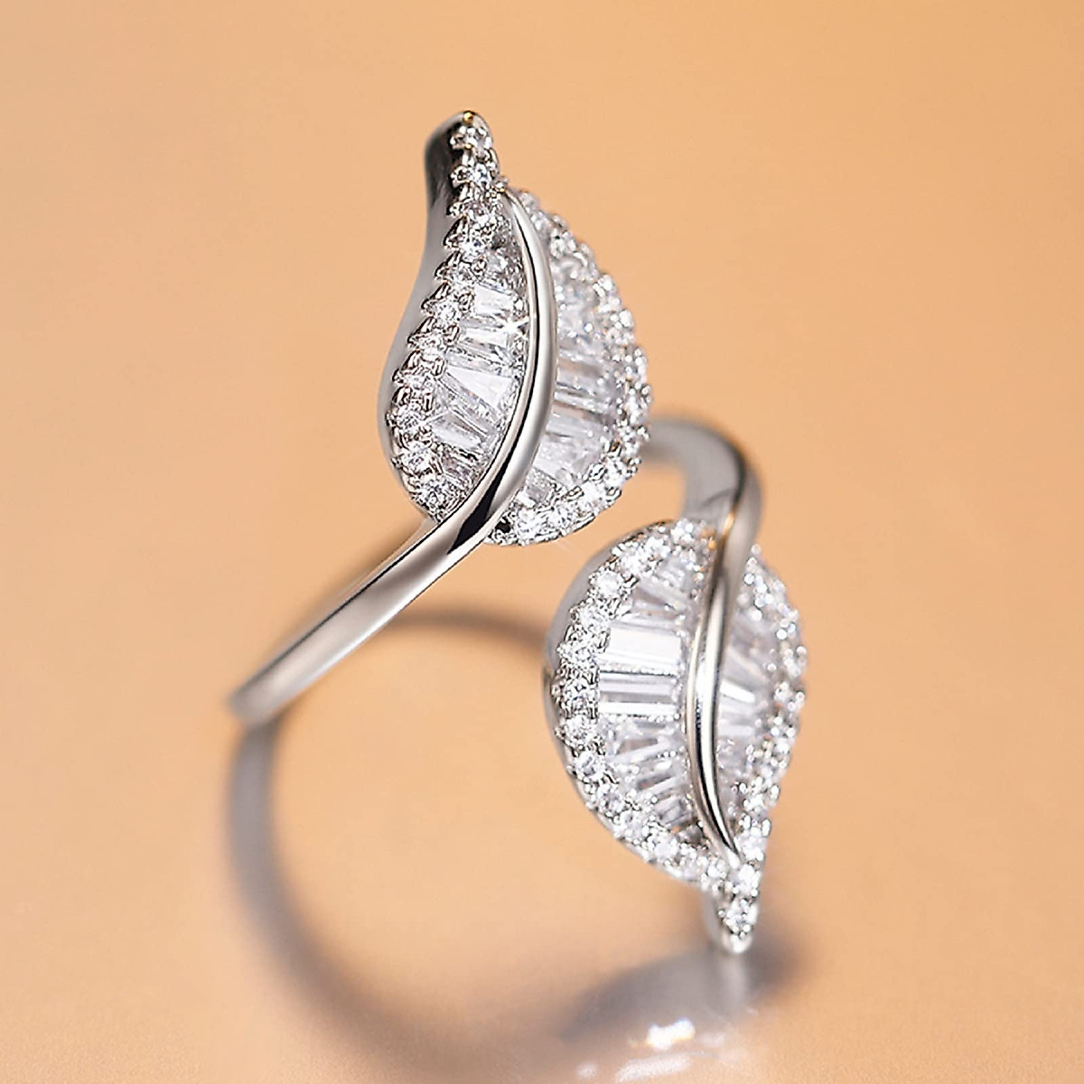 Vsoruln Diamond Leaf Ring for Women Wedding Band Sterling Silver Twisted Olive Branch Leaf Simulated Round Brilliant Adjustable Open Zircon Ring Promise Wedding Band