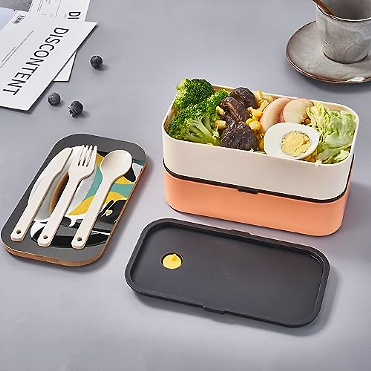Mug Coffee Adult Lunch Box, Bento Box, With Cutlery Set Of 3, 2 Compartments, Rectangular, Lunch Box For Adults