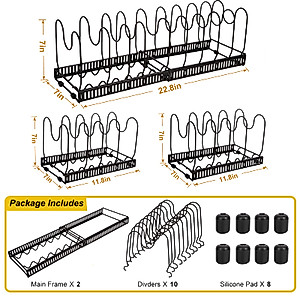 Pots and Pans Organizer Lid Organizer Dishes Bakeware Storage Rack Expandable Black Rack Holder with 10PCS Adjustable Compartment for Kitchen Cabinet Cupboard Drawer Counter
