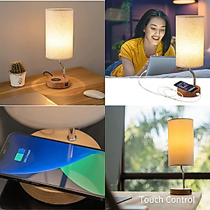 Bedside Table Lamp with Wireless Charger & USB Port - Touch Control LED Desk Lamp for Bedroom, 3-Way Dimmable Wooden Nightstand Lamp with Fabric Shade for Living Room, Kid's Room, Dorm, or Office