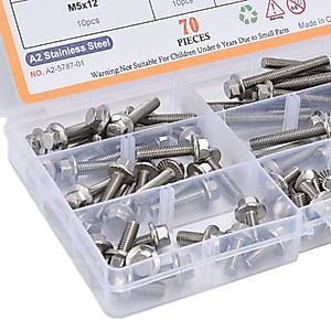 Fafeicy 70Pcs M5 Bolt Assortment Kit, Stainless Steel Hex Bolts Assortment, Hex Flange Bolts for Home Appliance Repair, Industrial Manufacturing, Outdoor Repa, Bolt