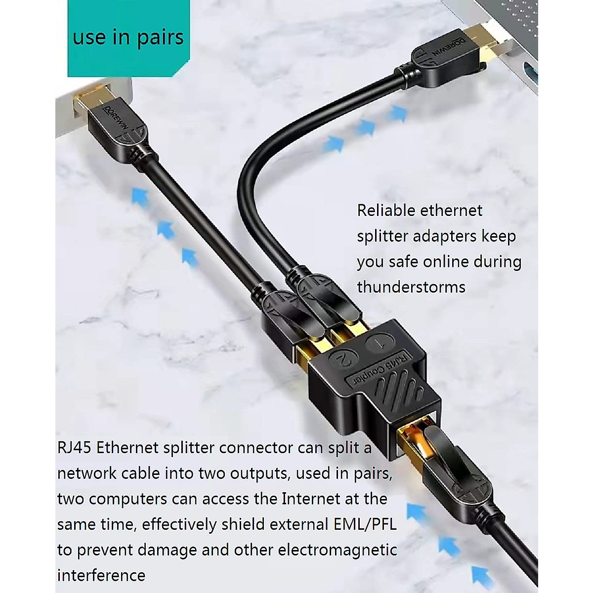 RJ45 Ethernet Splitter Adapter, 2 Pack 1 to 2 Ethernet Splitter 8P8C Socket Extender to Connect to LAN Network Internet Splitter Adapter, for Cat5, 5e, Cat6, Cat7, Black