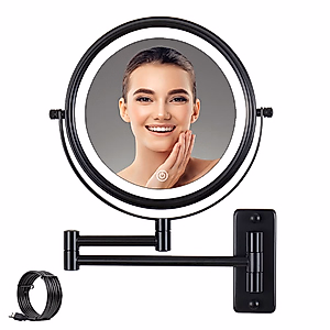 Keilefo Wall Mounted Makeup Mirror 10X Majnifying Mirror LED Light Dimmable Touch Screen, USB Charge, Extendable Double Sided Vanity Mirror 8 Inch, Black