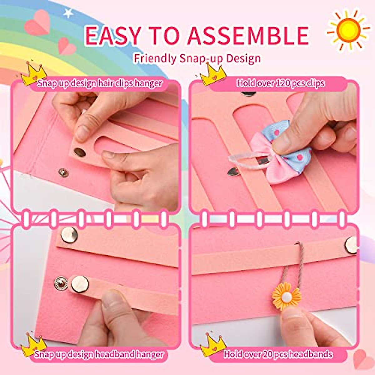 SKYNEO Headbands Holder for Baby Girls, Hanging Headbands Organizer, Baby Bow Holder Organizer w/Heart-Shape Velvet Hangers(Light Pink)