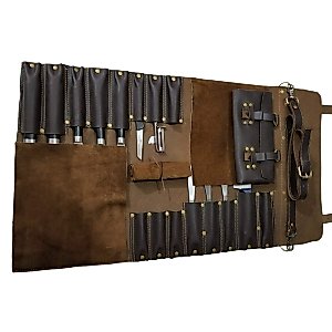 PROFESSIONAL CHEF Lightweight Genuine Premium Dark Brown Leather Large Chef Knife Bag/Knife Roll 16 Slots Space #K015