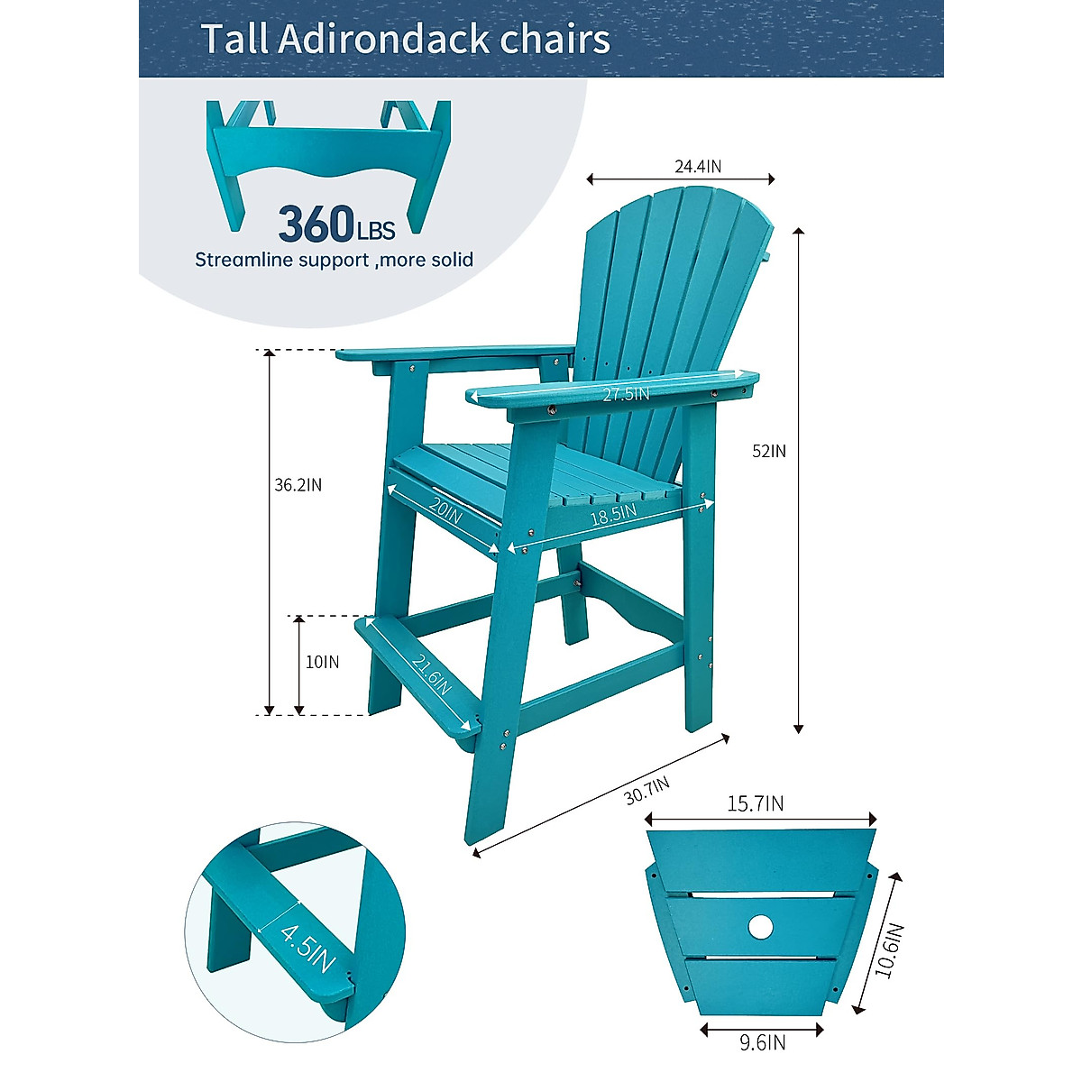 Aoorun 59''H Tall Adirondack Chairs, Balcony Chairs Set bar Height, Outdoor Chairs Set with Table (27.9" W x 51.9" H) - Blue