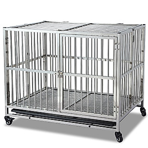 38" Heavy Duty Indestructible Dog Crate Steel Escape Proof Dog Cage Kennel for Small Medium Large Dogs Indoor Double Door High Anxiety Dog Crate with Wheels, Lock& Removable Tray, Silver (38 Inch)