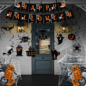Halloween Party Hanging Decorations Kit- Halloween Hanging Swirl, Halloween Banner, Halloween Balloons with Halloween Spider Web Stretchable Cobweb for Halloween Indoor Outdoor Decoration
