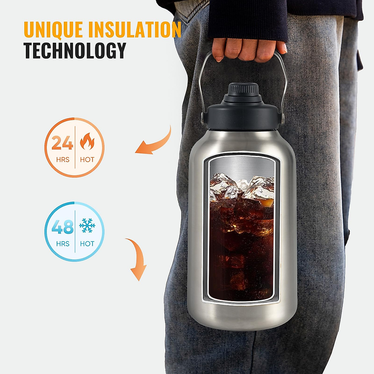 Kerilyn 128oz Insulated Water Bottle With Wide Mouth, One Gallon Stainless Steel Double Vacuum Water Bottle For Hot & Cold Drinks, Large Water Bottle With Handle, Big Water Jug For Sports, Travel