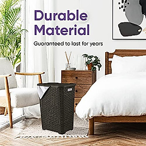 Plastic Laundry Hamper with Lid Laundry Hamper Basket, Brown 2 Pack Tall Cloths Hamper Organizer with Cut-out Handles. Space Saving for Laundry Room Bedroom Bathroom, Wicker Design 60 Liter