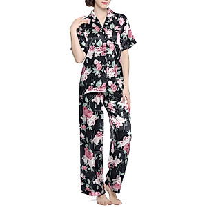Lavenderi Women's Short Sleeve Classic Satin Pajama Set（Large,Black Floral Print