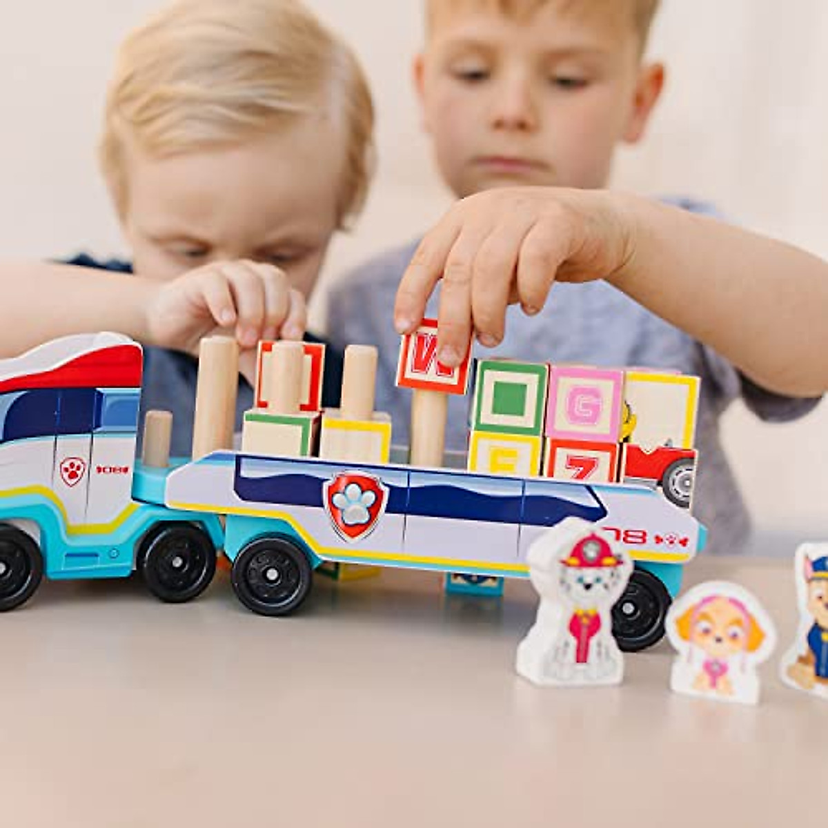 Melissa & Doug PAW Patrol Wooden ABC Block Truck (33 Pieces) - Sort And Stack Toys, Alphabet Blocks For Toddlers, Vehicle Toys For Kids Ages 3+