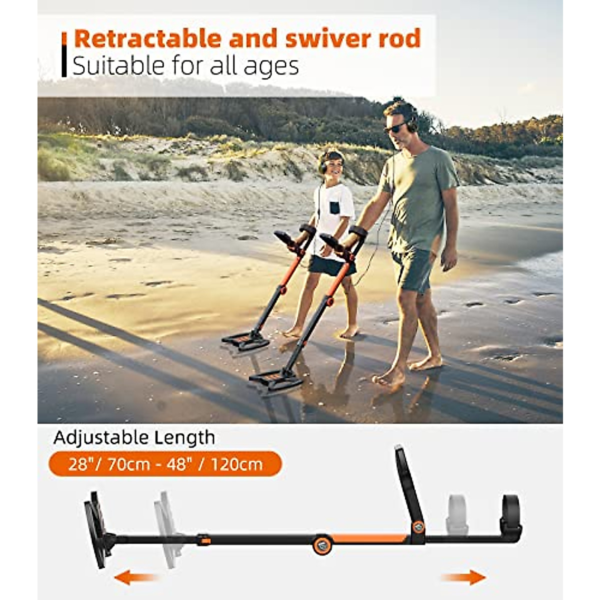 Foldable Metal Detector for Adults & Kids Beginners, 28" to 48" Adjustable LCD Display Metal Detector Kit with Sand Scoop Headphones, IP68 Waterproof, Lightweight Easy to Use