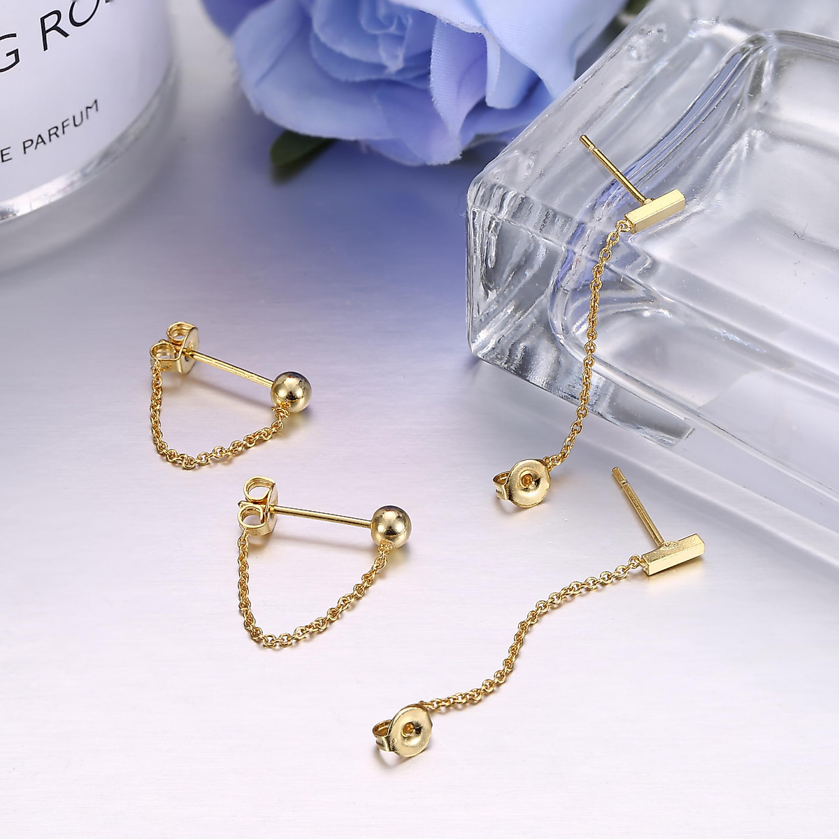 YADOCA 4 Pairs Chain Earrings for Women CZ Ball Bar Huggie Hoop Piercing Dangle Chain Stud Earring Set Gold