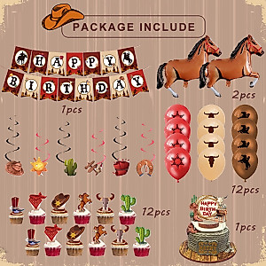 Cowboy Party Decorations Set - Western Birthday Party Decorations Country Rodeo Party Favor Horse Balloons Birthday Banner Cupcake Toppers Hanging Swirls