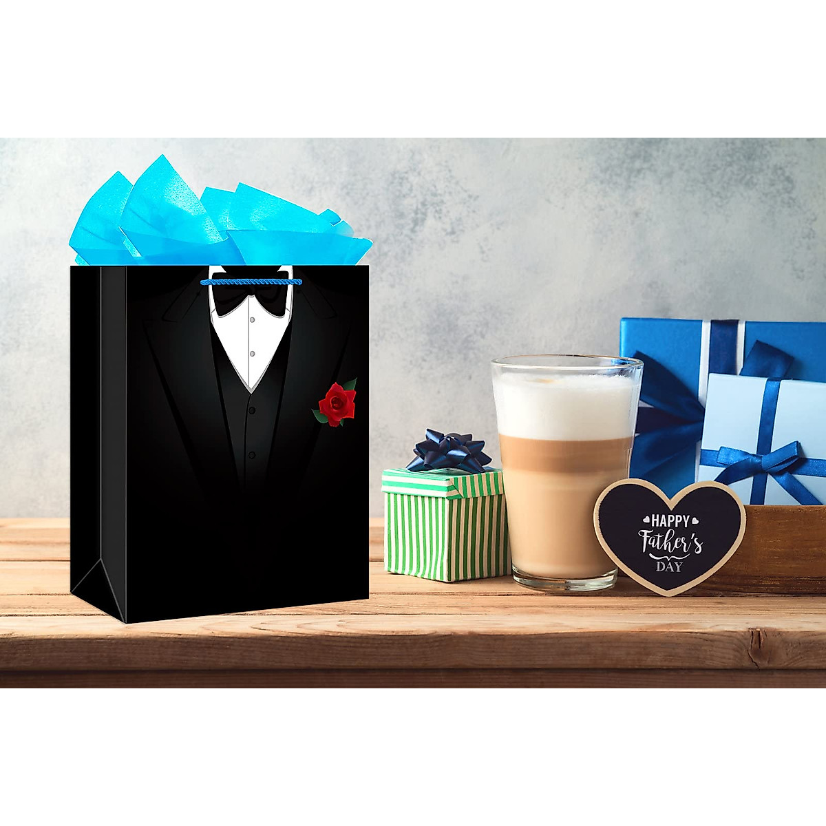 FLYAB Fathers Day Gift Bag with Handle 11.5" Large Fathers Day Gift Bag with Tissue Paper Groomsmen Tuxedo Wedding Gift Bags for Men Birthday Wedding Bridal Showert Bags Party Favor