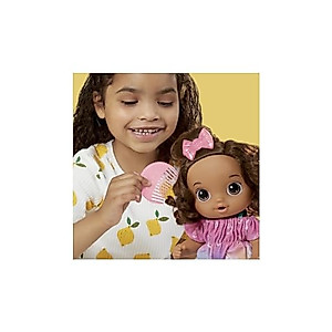 Baby Alive Fruity Sips Doll, Lemon, Toys for 3 Year Old Girls, 12-inch Baby Doll Set, Drinks & Wets, Pretend Juicer, Kids 3 and Up, Brown Hair