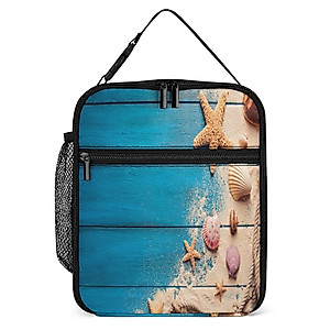 MINBHEBYUD Blue Wooden Board Starfish Shells Lunch Bag for Men Women, Insulated Lunch Bags for Office Work, Reusable Portable Lunch Box