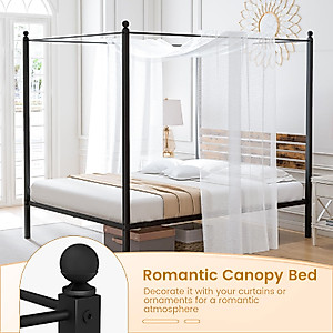 Giantex Metal Canopy Bed Frame Queen Size, 4-Poster Platform Bed with Industrial Headboard and Under Bed Storage, Heavy-Duty Mattress Foundation No Box Spring Needed, Easy Assembly, Black