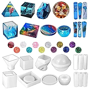 Silicone Resin Molds Kit 26PCS, Epoxy Resin Molds, Large Resin Casting Molds with 12 Glitter Sequins for UV Resin Casting, Including Sphere, Cube, Pyramid, Square, Coaster, Stone & Pendants