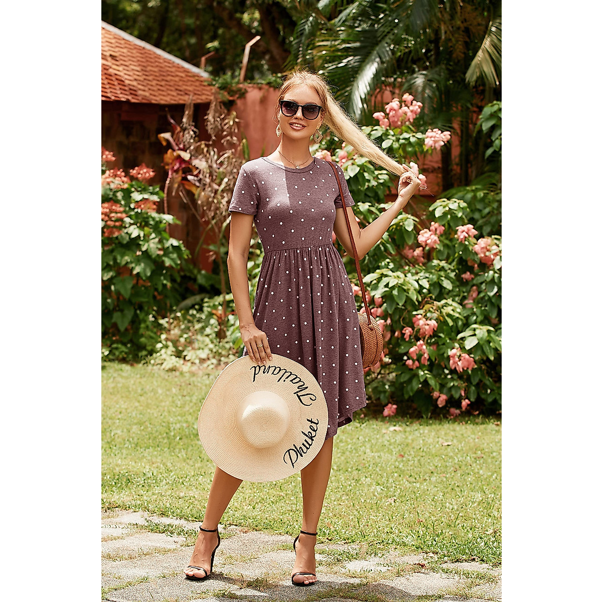 Women Ladies Spring Summer Sleeve Travel Midi Knee Work Casual Dress Brown XL