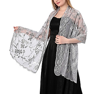 Ladiery Sequin Floral Shawls and Wraps for Evening Dresses,Women sparkly Sheer Mesh Wedding Shawls for Evening Party