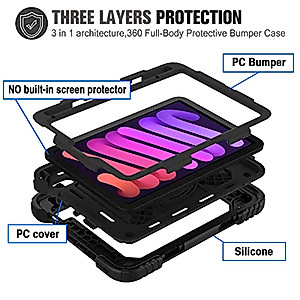 SUPNICE iPad Mini 6 Case (8.3 inch 2021 Release), iPad Mini 6th Generation Case, Shockproof Rugged Kids Case with [360 Rotating Stand] [2nd Pencil Holder] [Hand Strap] for iPad Mini 6th Gen 8.3-Black