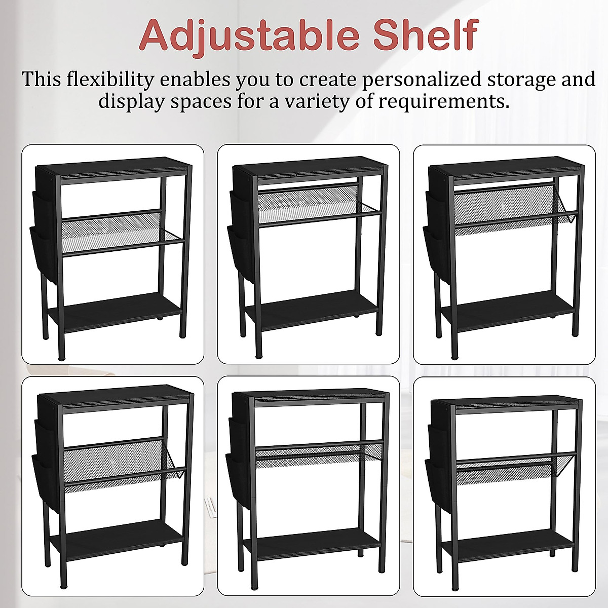 Yusong Small Narrow Side Table for Small Spaces, Slim End Table with Storage Bag, Sofa Snack Table with Adjustable Metal Mesh, 3 Tier Accent Skinny Beside Table for Living Room & Bedroom, Black Oak