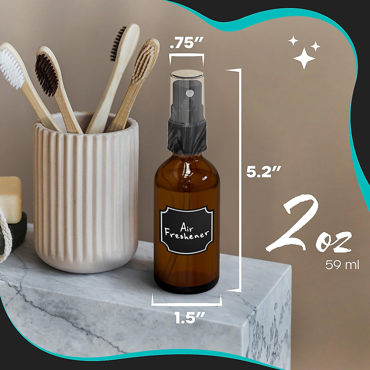 Nevlers 48 Pack Amber 2 Oz Spray Glass Bottle | The Amber Misting Glass Bottles Includes Sprayers & a Funnel and Brush with Bonus Labels to Easily Identify its Contents