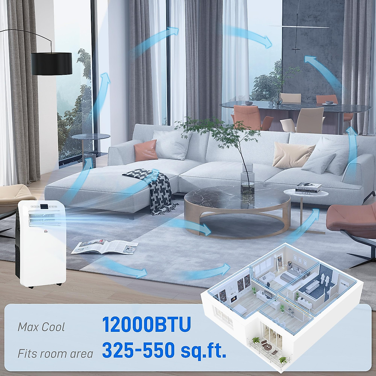 HOMCOM 12000 BTU Portable Air Conditioner for Rooms Up to 550 Sq. Ft., 3-in-1 AC Unit with Dehumidifier, Cooling Fan, Remote, 24H Timer On/Off, Window Installation Kit