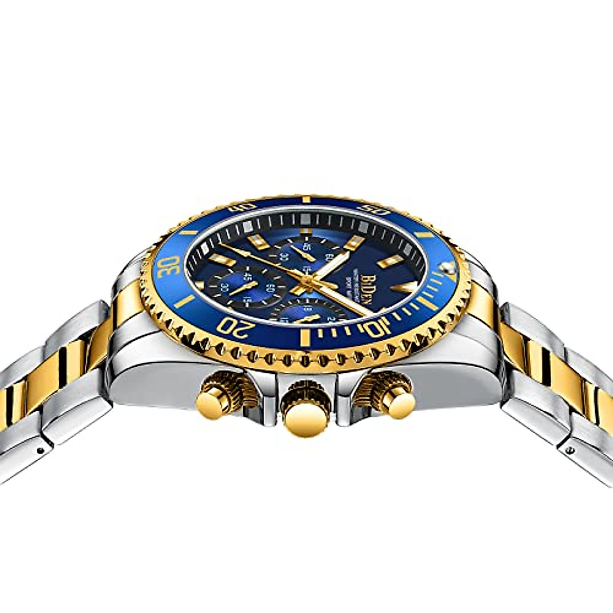 BIDEN Mens Watches Chronograph Gold Blue Stainless Steel Waterproof Date Analog Quartz Watch Business Casual Fashion Wrist Watches for Men